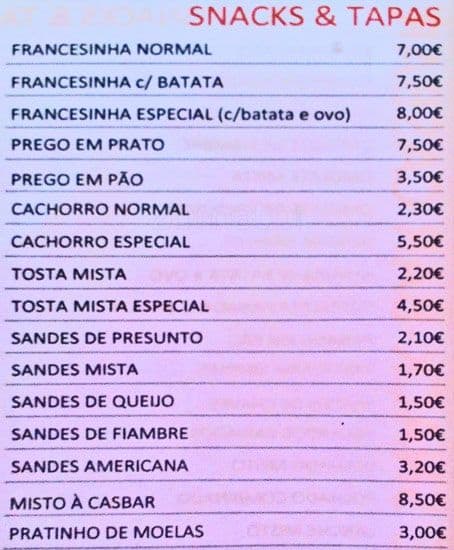 Menu at casbar cafe, Vila Nova de Gaia
