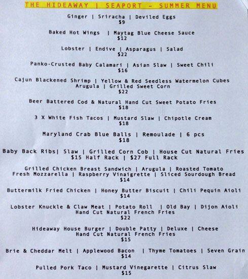 Menu at The Hideaway pub & bar, New York City, 22 Peck Slip