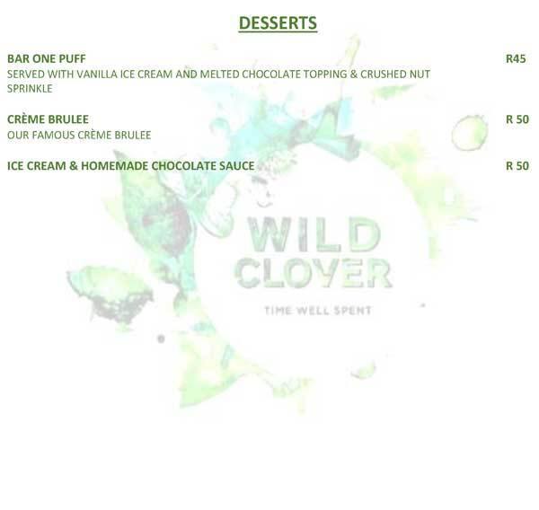 Menu at Wild Clover Restaurant, Stellenbosch