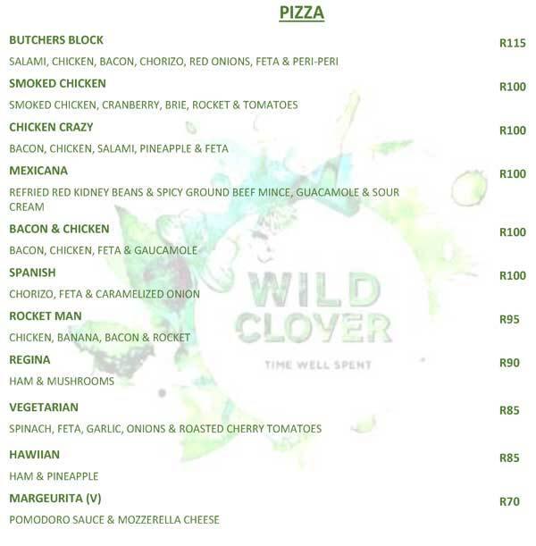 Menu at Wild Clover Restaurant, Stellenbosch