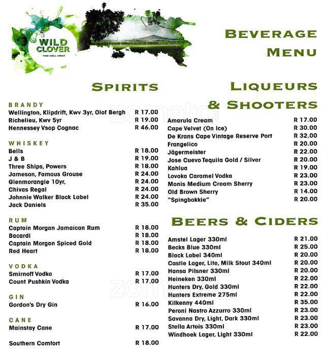 Menu at Wild Clover Restaurant, Stellenbosch