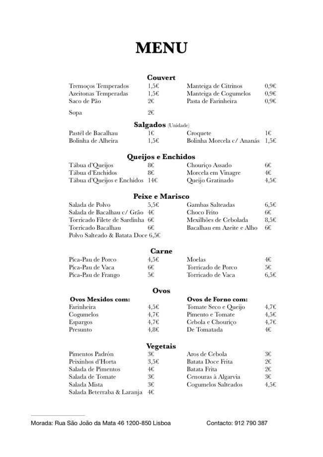 Menu at Lezíria Casa De Petiscos restaurant, Lisbon