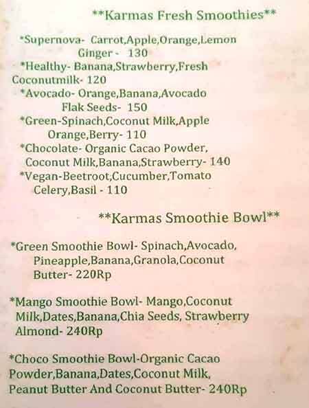 Menu of Karma Cafe, Palolem, Goa