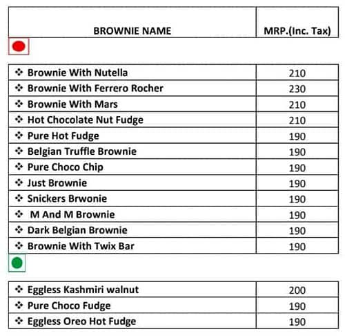 Menu of Brownie Experts, Attapur, Hyderabad