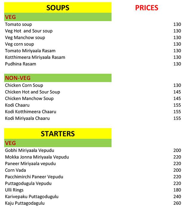Menu of Telugu Vaari Aathidhyam, Kukatpally, Hyderabad