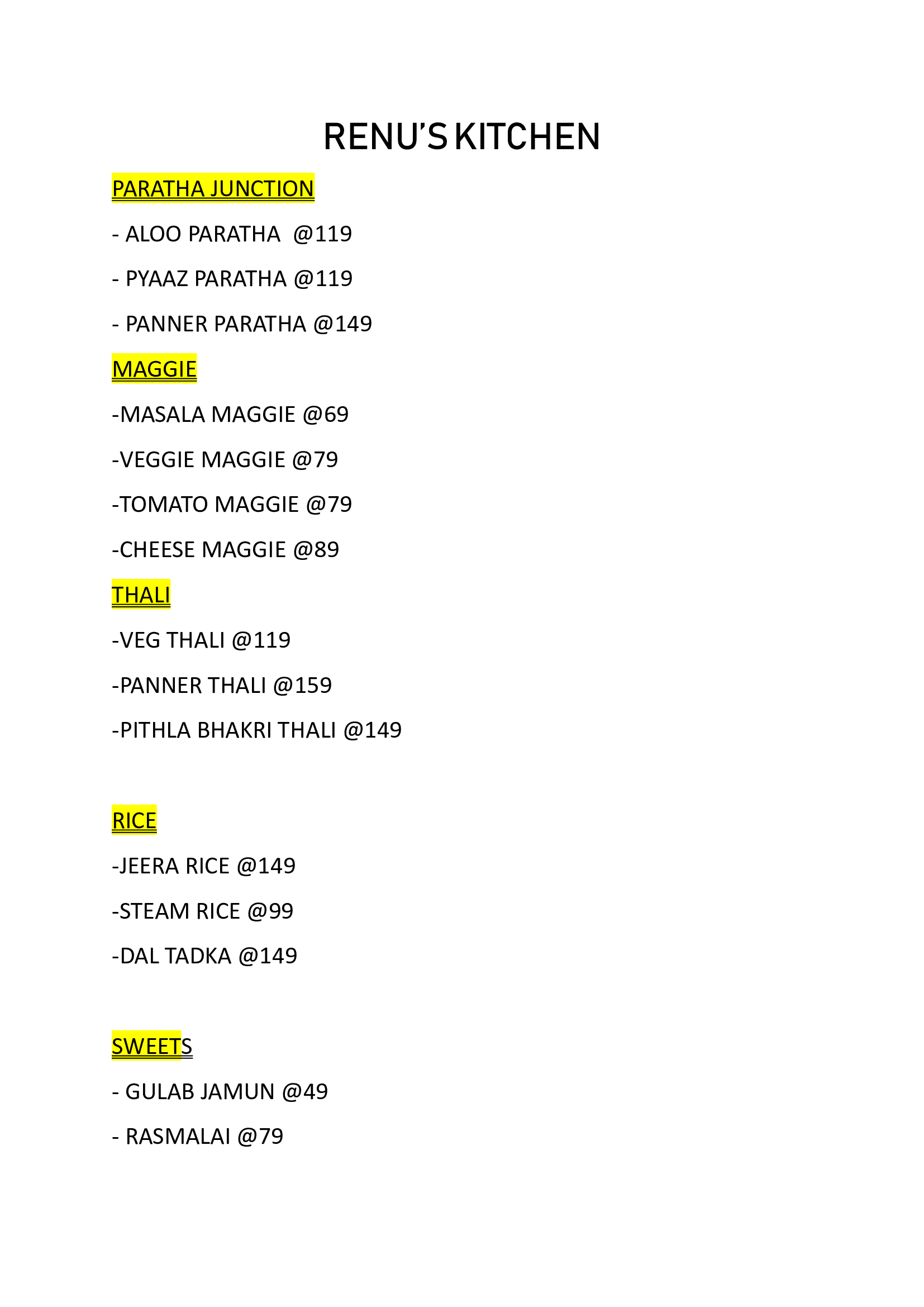 Menu of Renu's Kitchen, Sinhgad Road, Pune