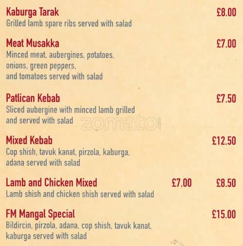 Menu at FM Mangal restaurant, London