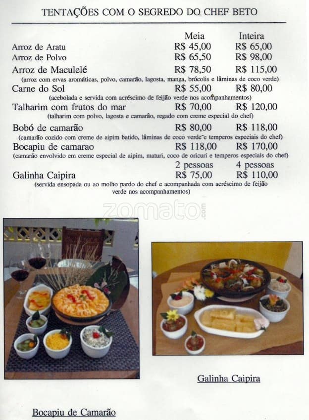 Menu at Segredo restaurant, Salvador