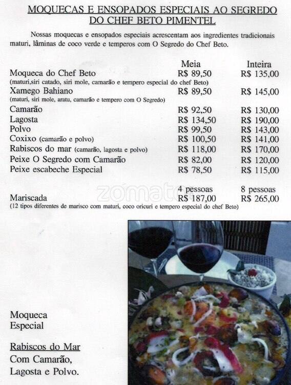 Menu at Segredo restaurant, Salvador