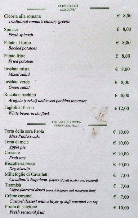Menu da Hostaria da Pietro ristorante, Roma, Via di Gesu' e Maria 18