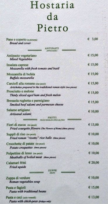 Hostaria da Pietro a Roma: Foto del Menu con Prezzi - Zomato Italia