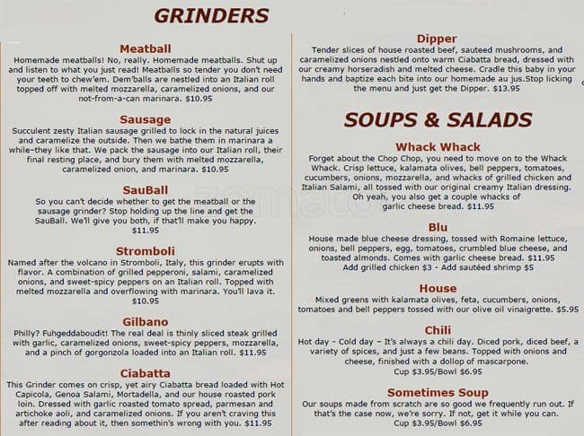 Menu at Grinders cafe, Shoreline, Aurora Ave N