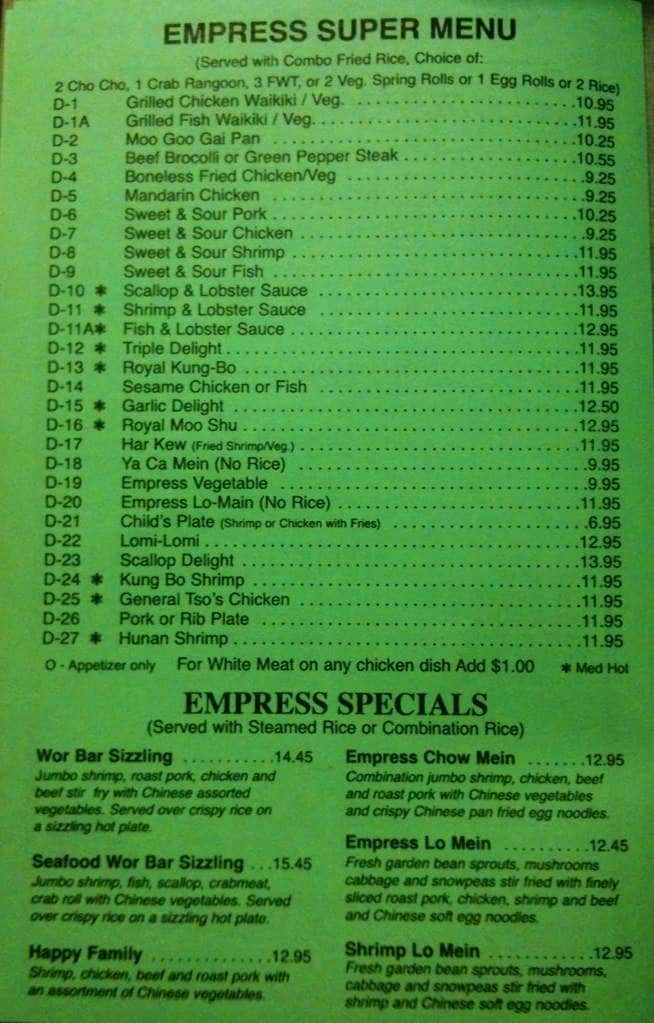 Menu at Empress Of China restaurant, Gretna
