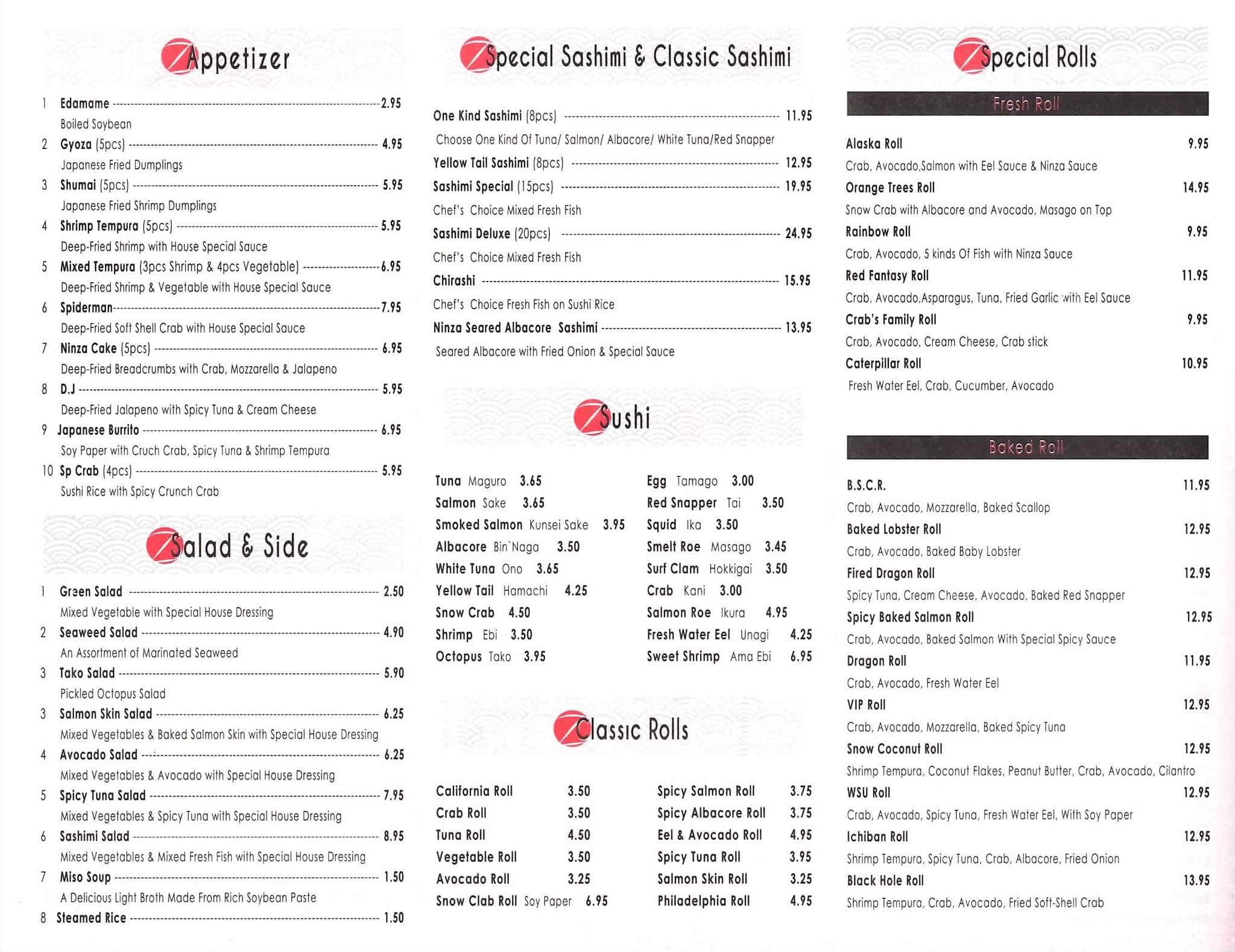 Menu at Ninza Sushi Bar (West), Wichita