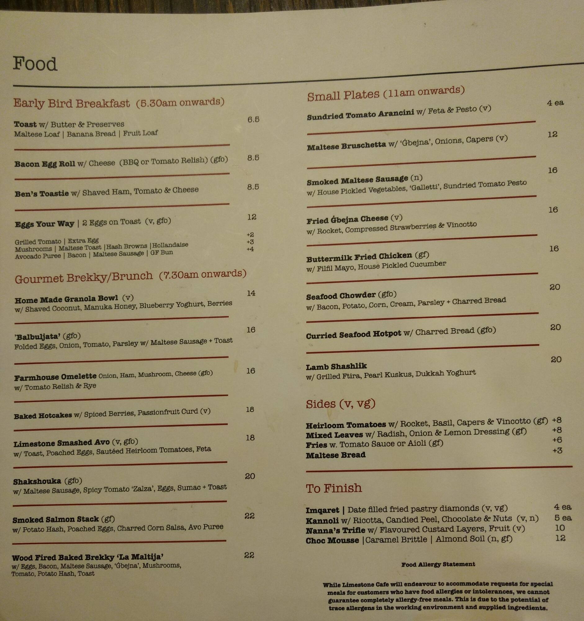 Menu at Limestone Cafe, Schofields