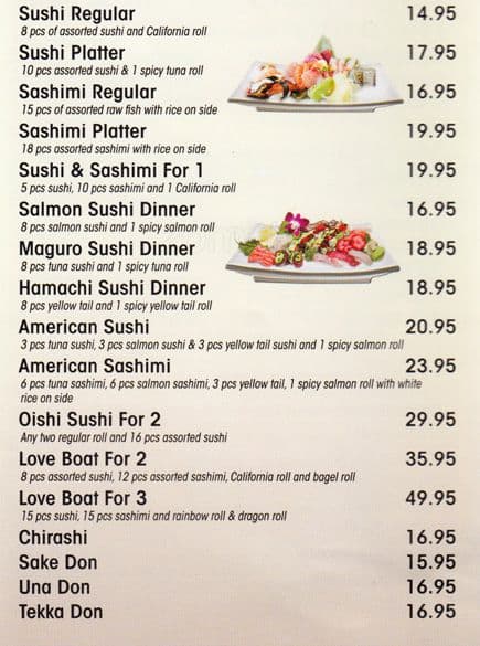 Menu at Oishi Sushi restaurant, New York City, 929 Manhattan Ave