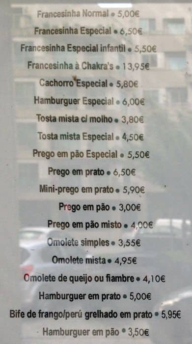 Menu em Chakra's pub & Bar, Porto