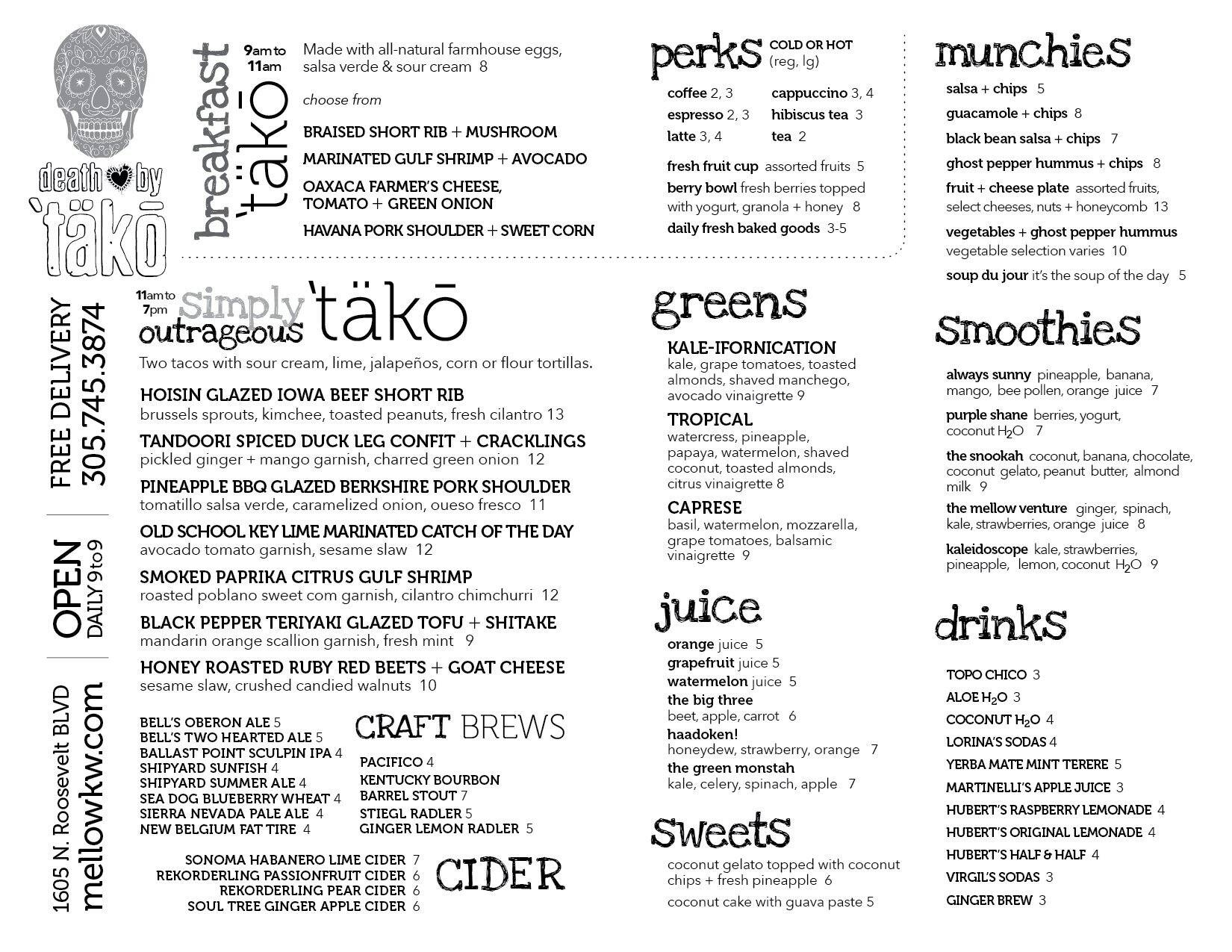 Menu at death by tako restaurant, Key West