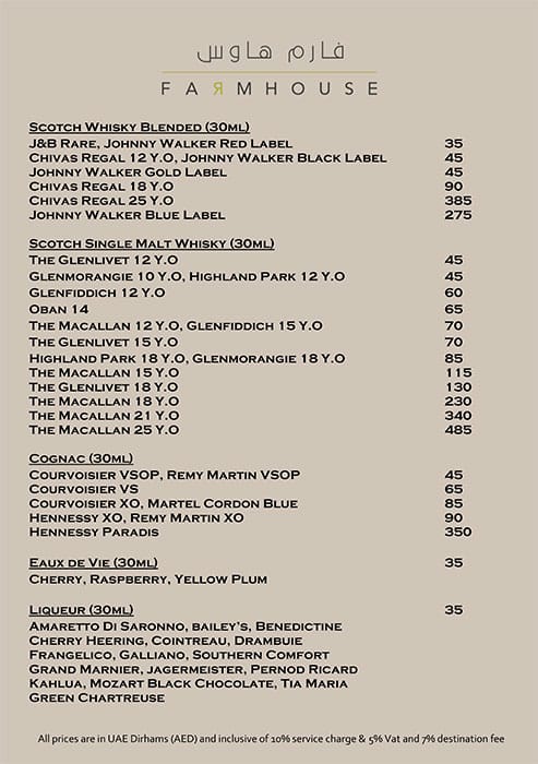 Menu at The Farmhouse restaurant, Ras Al-Khaimah, Sheikh Mohammed Bin ...