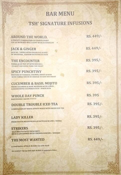 Menu at The Safehouse, Chandigarh