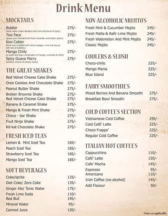 Menu at The Safehouse, Chandigarh