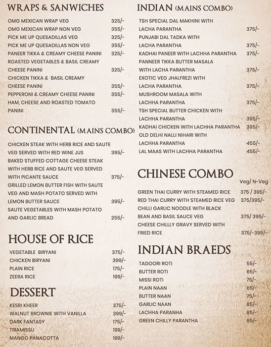 Menu at The Safehouse, Chandigarh