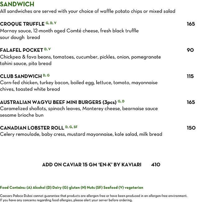 Menu at The Lounge - Caesars Palace restaurant, Dubai