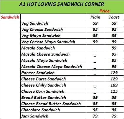 Menu of A1 Hot Loving Sandwich Corner, Ulwe, Navi Mumbai