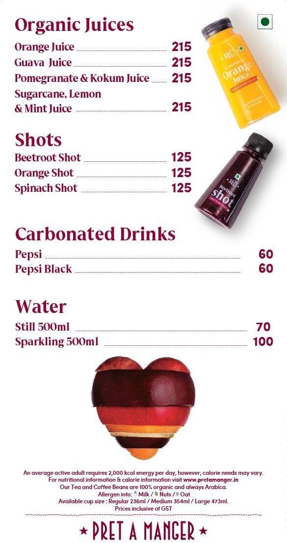 Menu of Pret A Manger, Saket, New Delhi