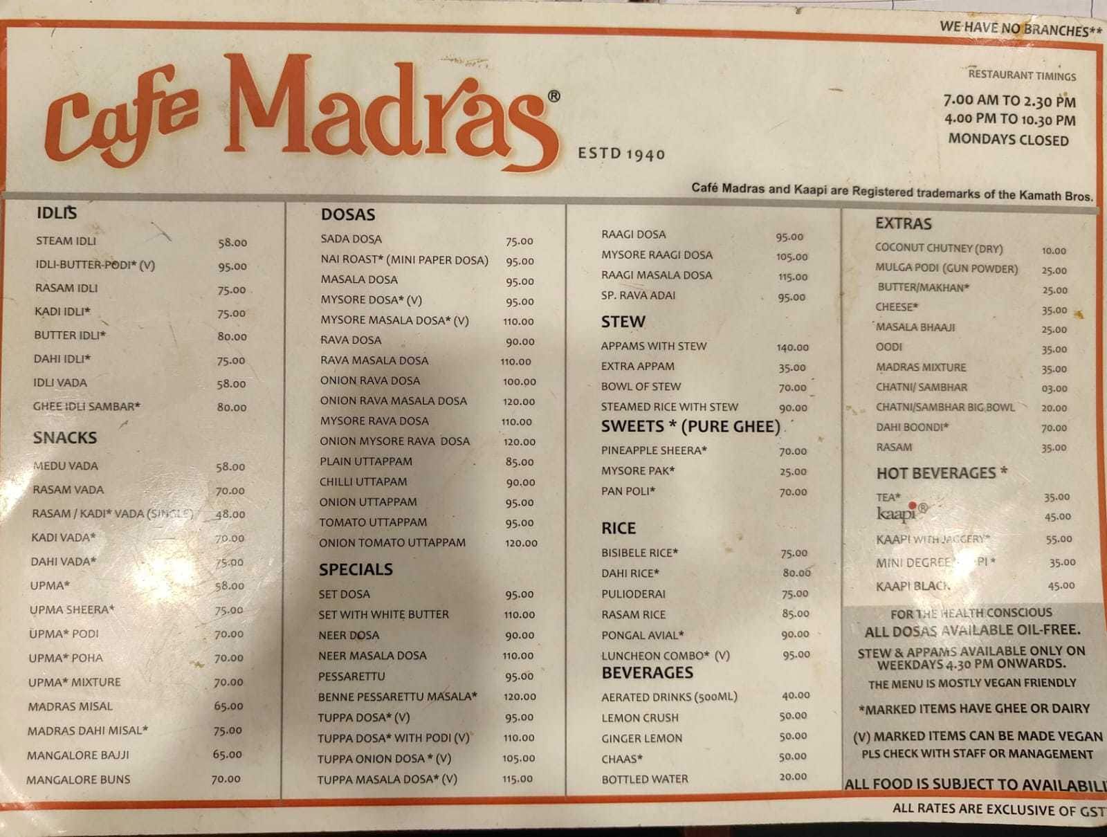 Menu of Cafe Madras, Matunga East, Mumbai
