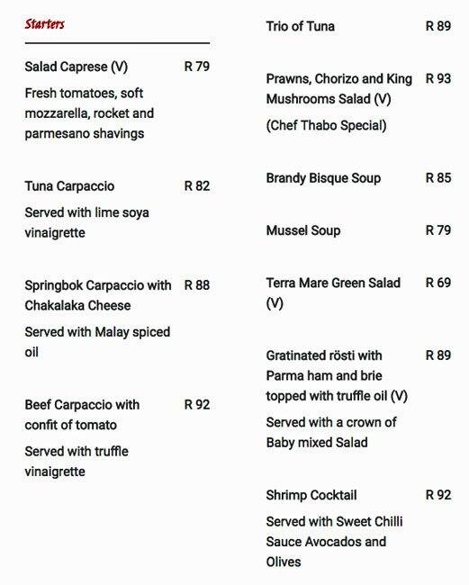 Menu at Terra Mare Restaurant, Paarl