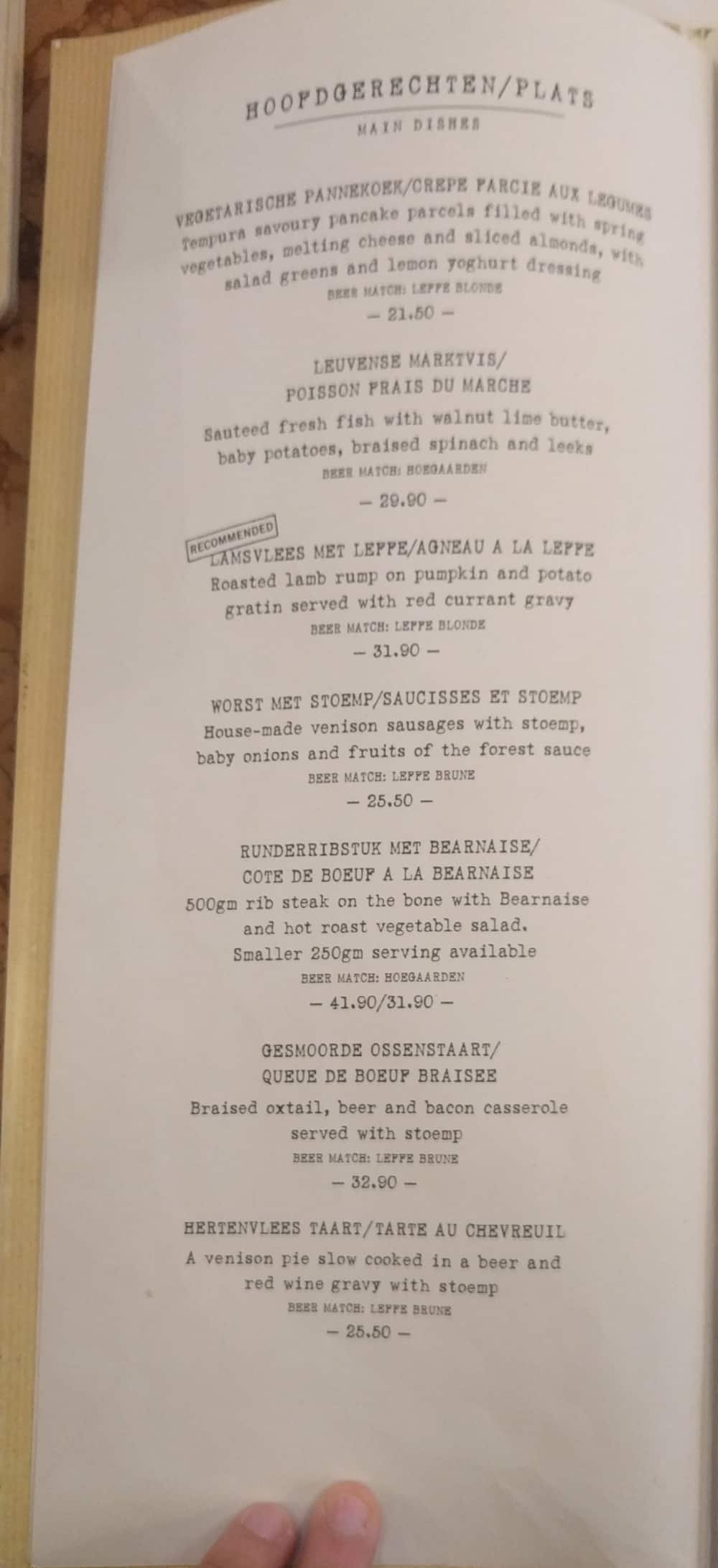 Menu at Leuven Belgium Beer Cafe, Wellington