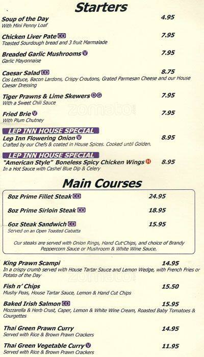 Leopardstown Inn Menu, Menu for Leopardstown Inn, Leopardstown, Dublin ...