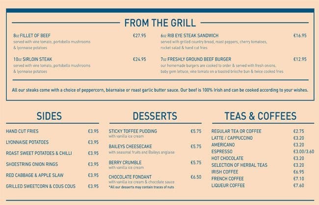 Menu at Leopardstown Inn restaurant, Dublin