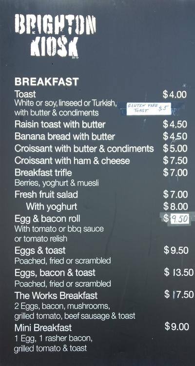 Menu at Brighton Kiosk restaurant, Brighton-Le-Sands