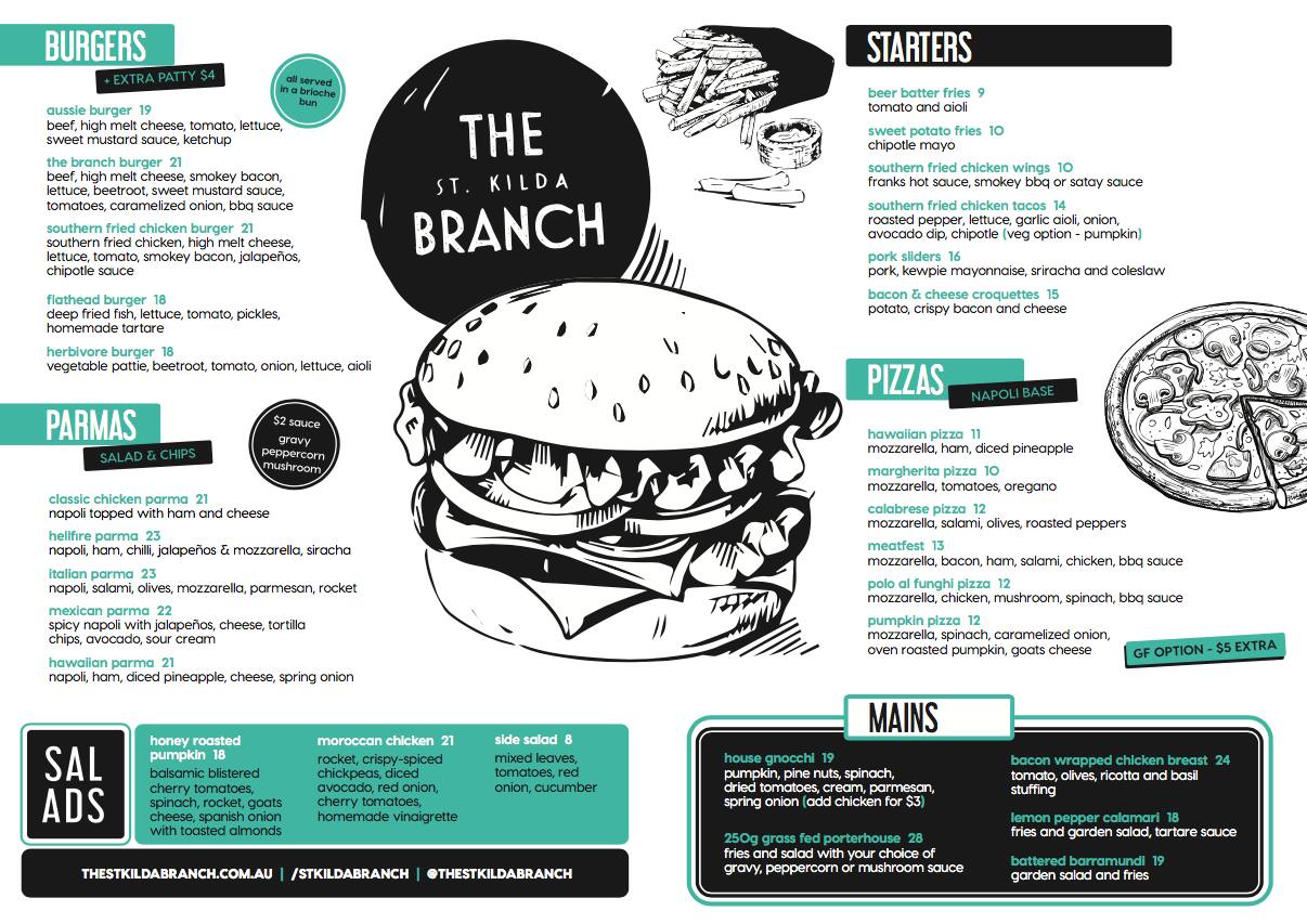 Menu at The St Kilda Branch pizzeria, Saint Kilda, 204 Barkly St