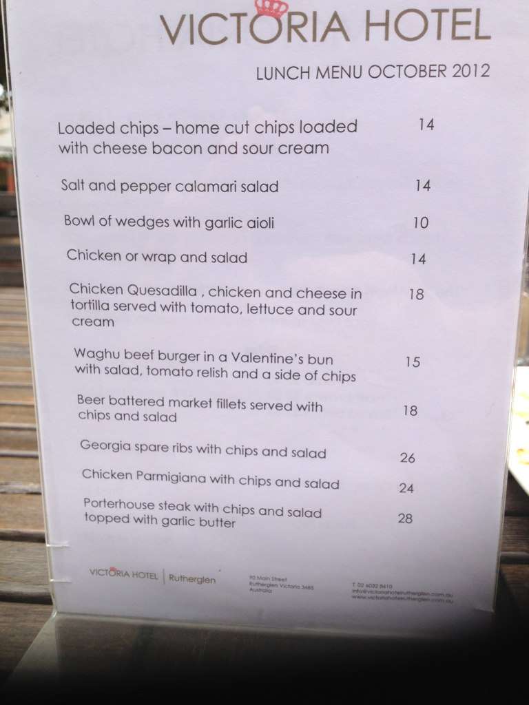 Menu at Mrs Brown restaurant, Rutherglen