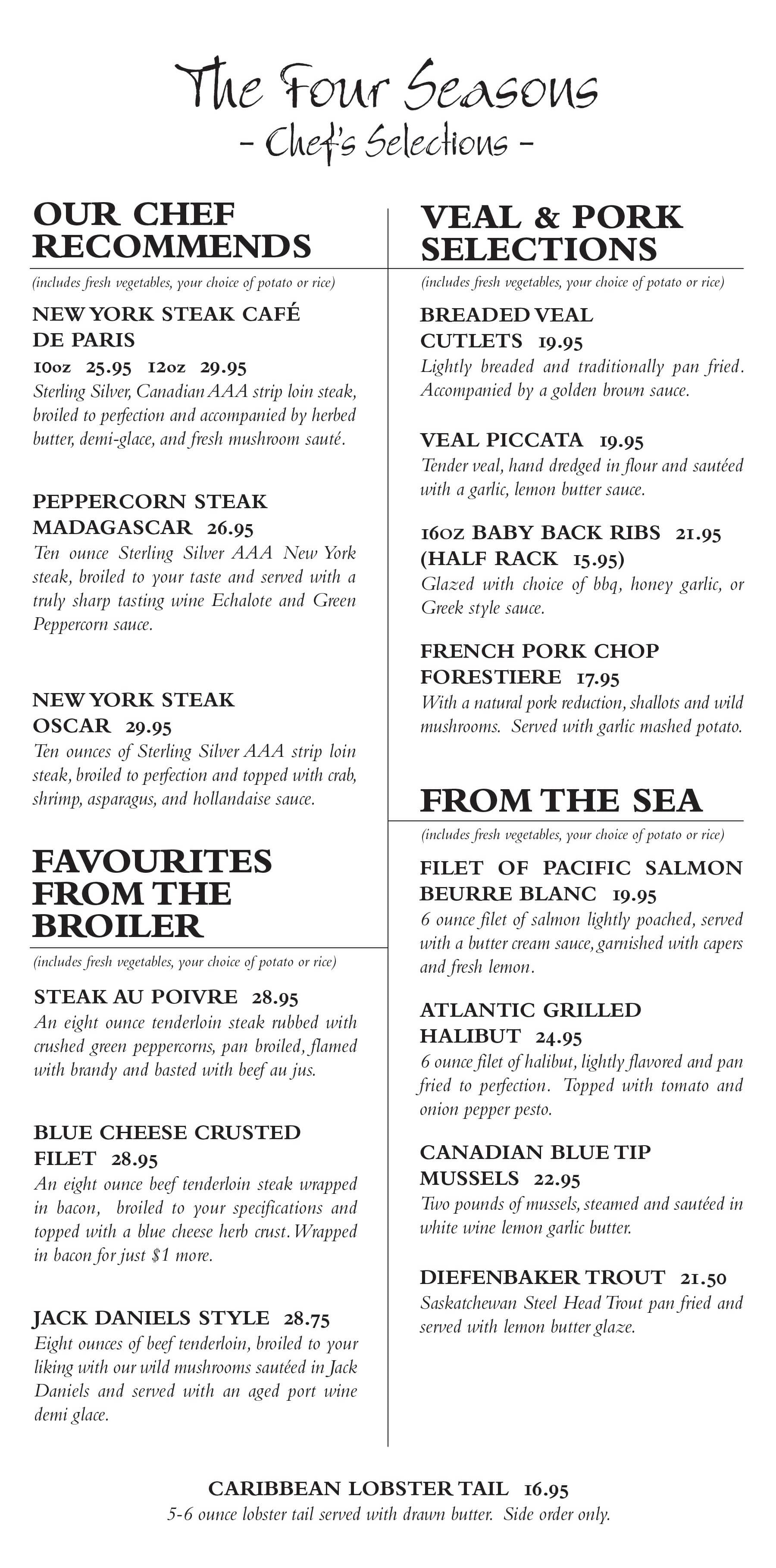 Menu at Four Seasons Restaurant & Lounge, Saskatoon