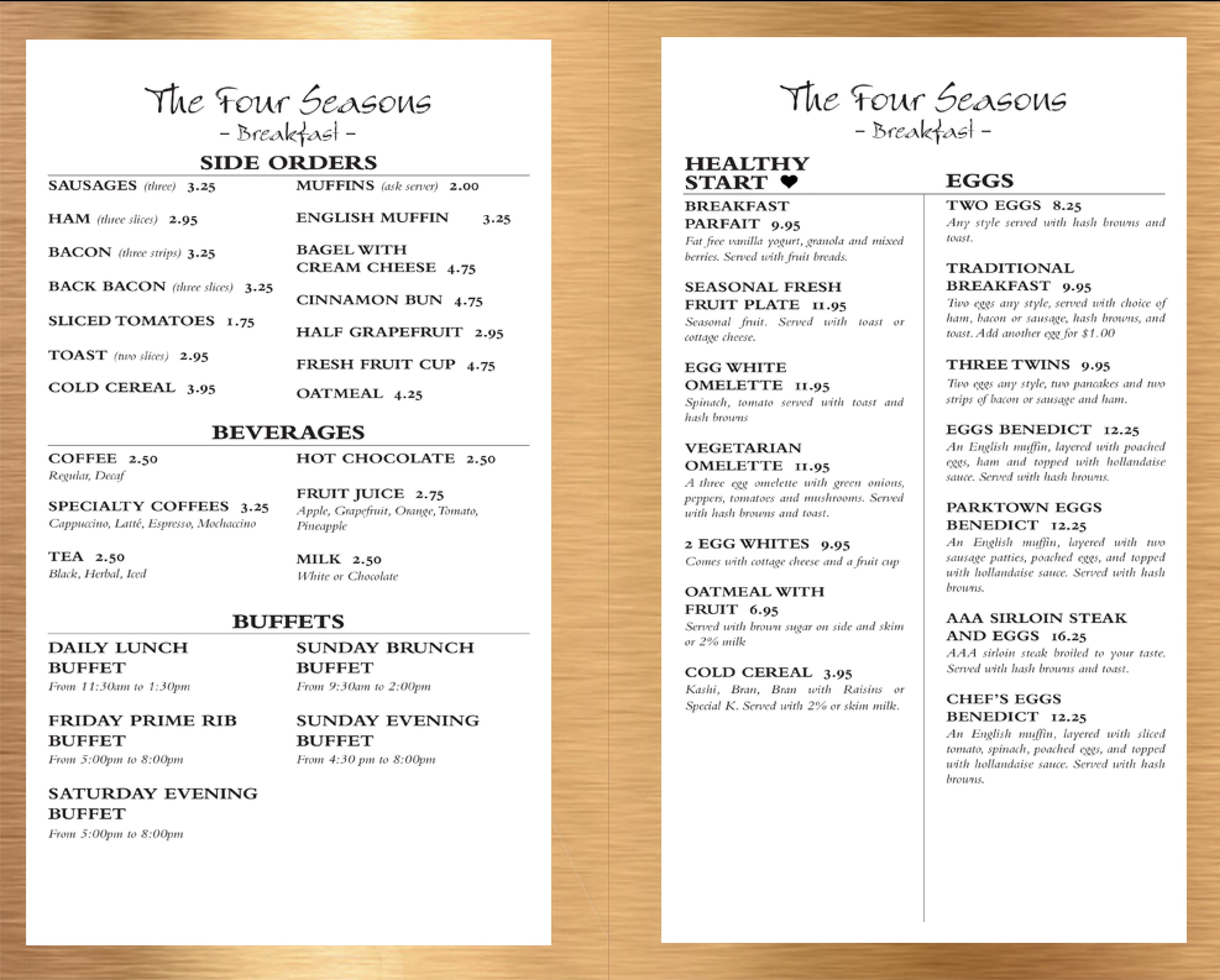 Menu at Four Seasons Restaurant & Lounge, Saskatoon