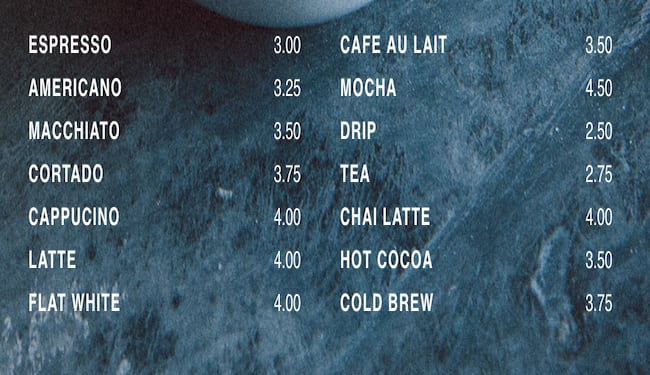 Menu at Birch Coffee cafe, New York City, 432 3rd Ave