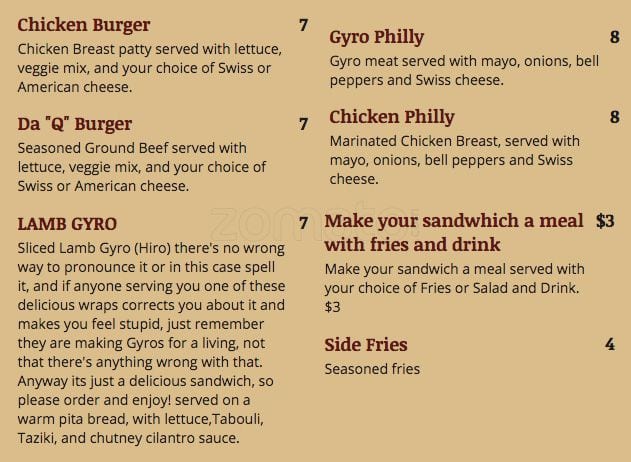 Menu at Q's Halal Chicken restaurant, Alameda