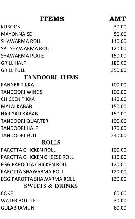 Menu at Night Dinner, Chennai