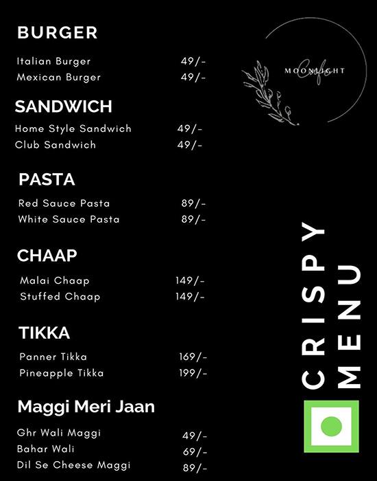 Menu of Moonlight Cafe, Crossing Republik, Ghaziabad
