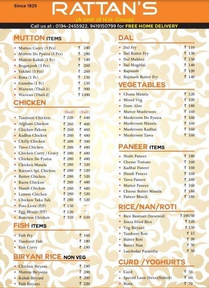 Menu of Rattan's Veg & Non Veg, Lal Chowk, Srinagar
