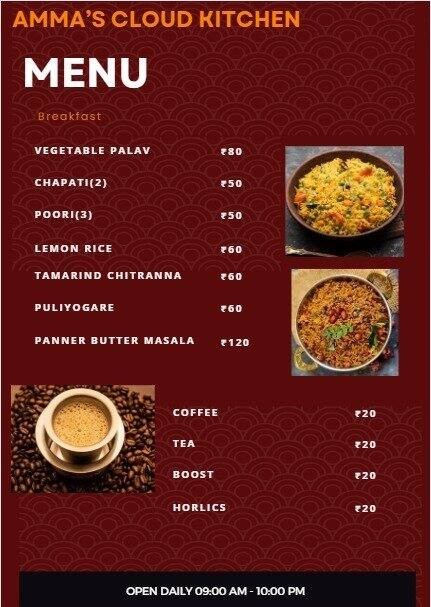 Menu of Amma's Cloud Kitchen, Basaveshwara Nagar, Bangalore