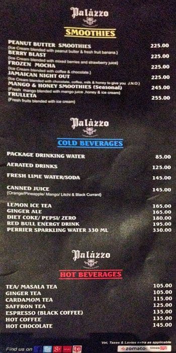 Menu at Palazzo, Kolkata