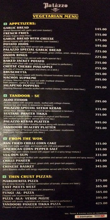 Menu at Palazzo, Kolkata