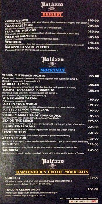 Menu at Palazzo, Kolkata