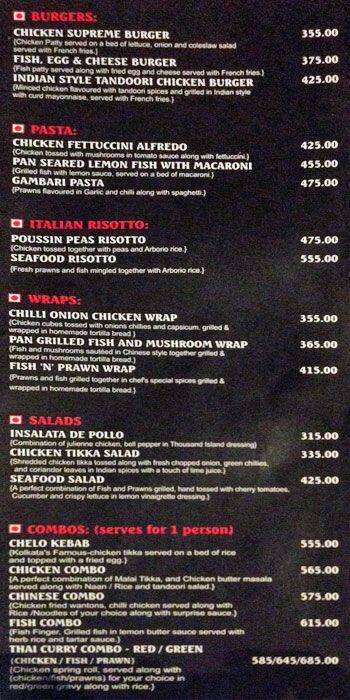 Menu at Palazzo, Kolkata