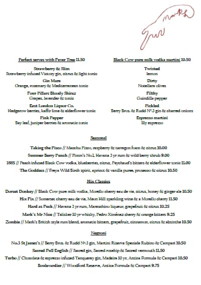 Menu at The Tramshed Project restaurant, London